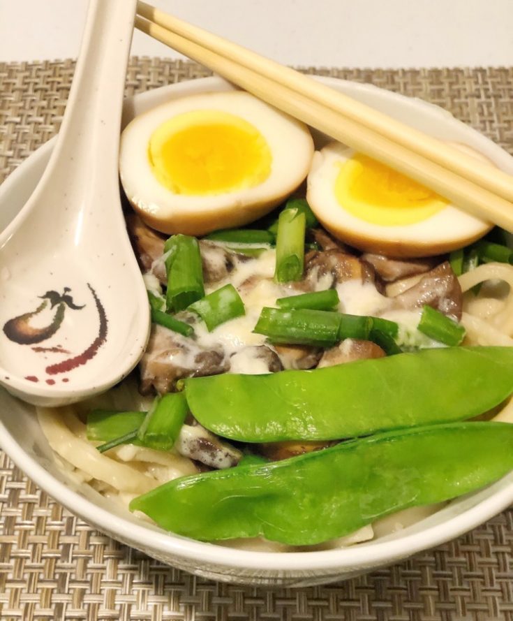 Cheesy Mushroom Swiss Udon with Soy-Marinated Egg