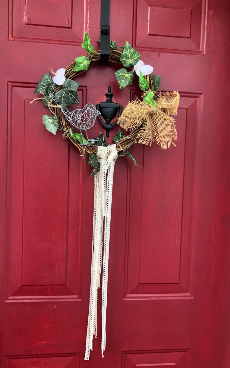 Spring Bird Grapevine Wreath with Lace and Ivy